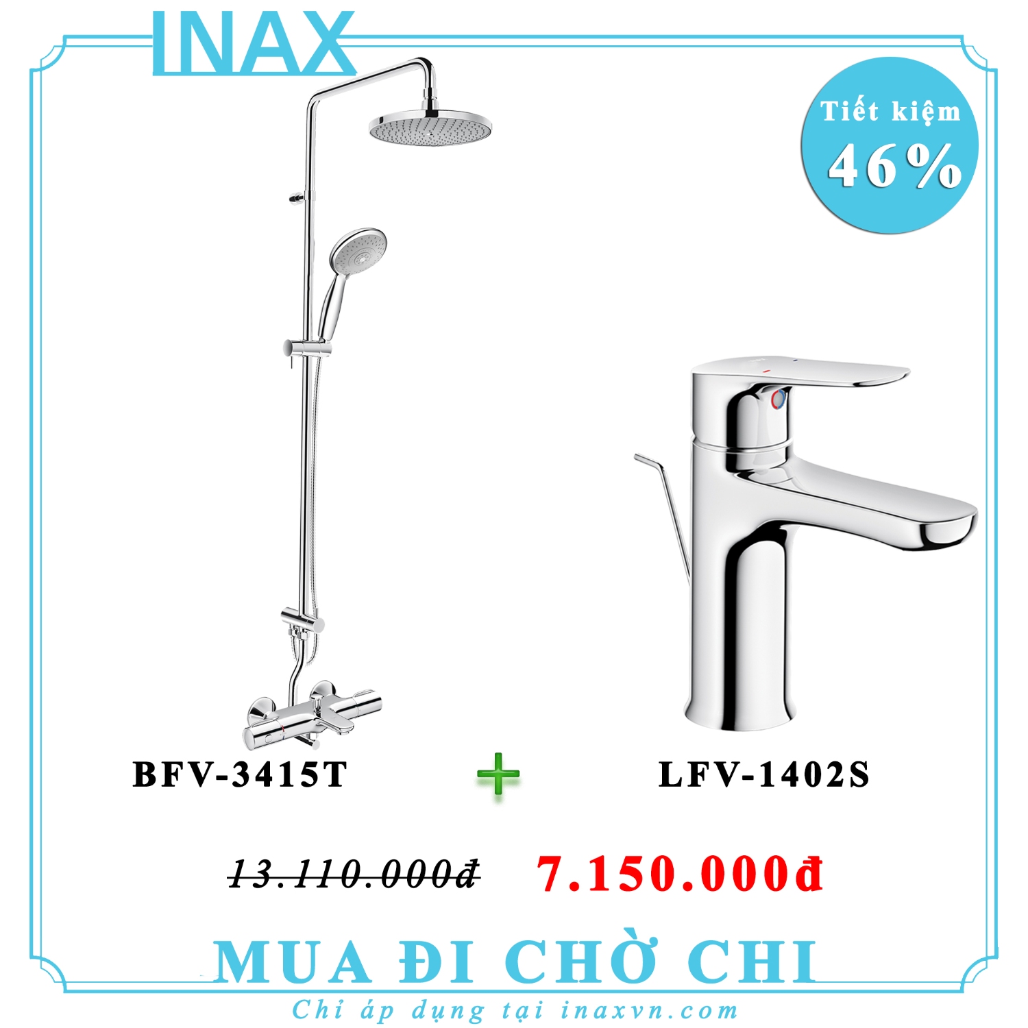 Combo vòi sen cây nhiệt độ inax BFV-3415T + LFV-1402S - Thiết bị vệ sinh inax